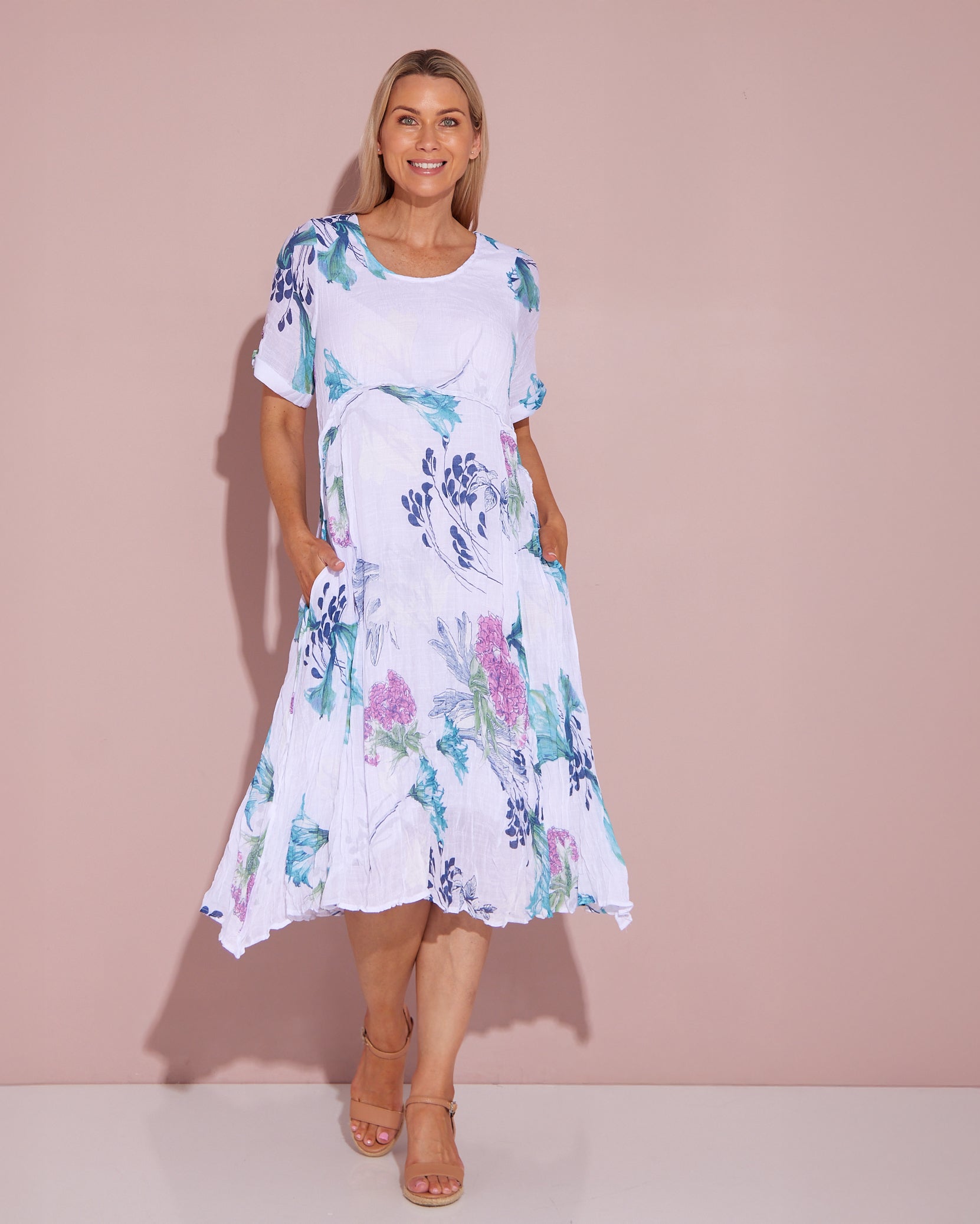 Waterhouse Floral Crinkle Midi Dress – White/Teal | TULIO – TULIO Fashion
