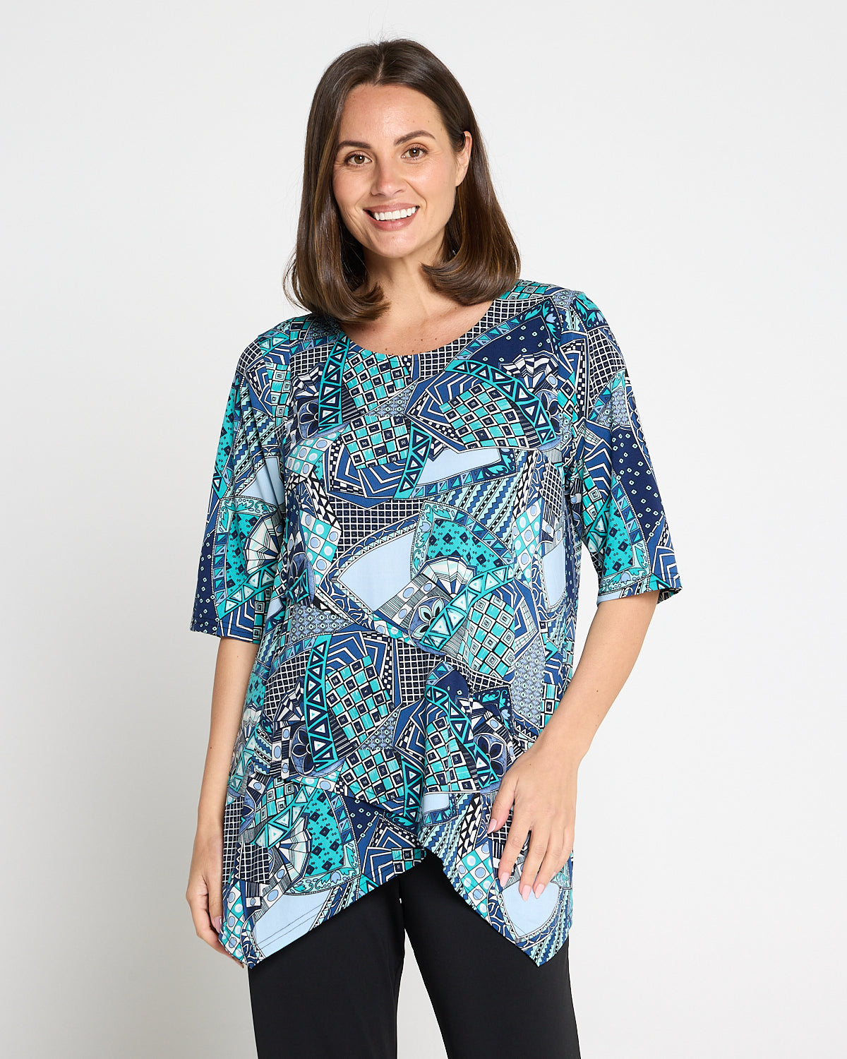Judith Top - Aquamarine Mosaic | Easy Care Jersey Top – TULIO Fashion