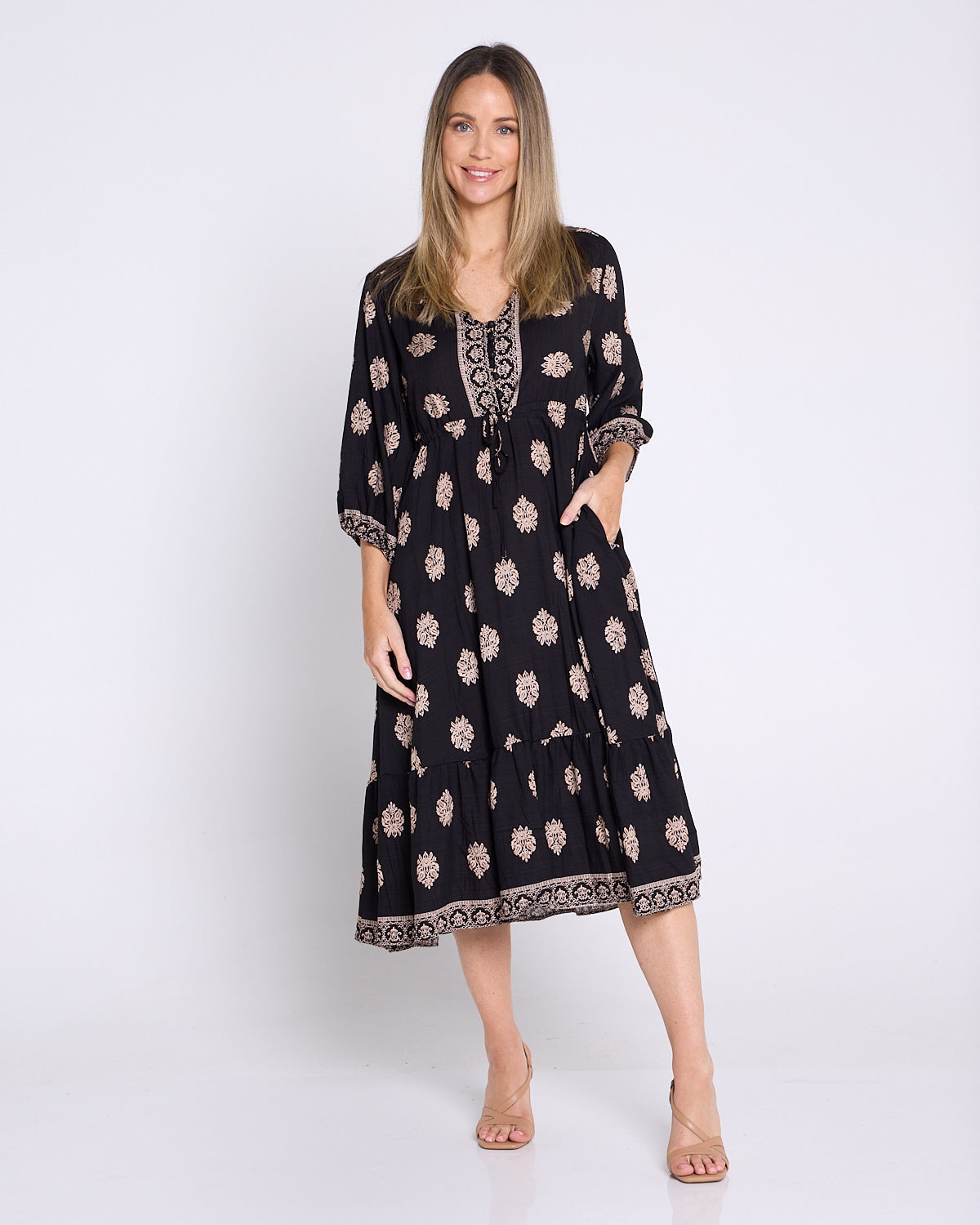 Ainsley Dress – Denim Mosaic Midi with Pockets | TULIO – TULIO Fashion