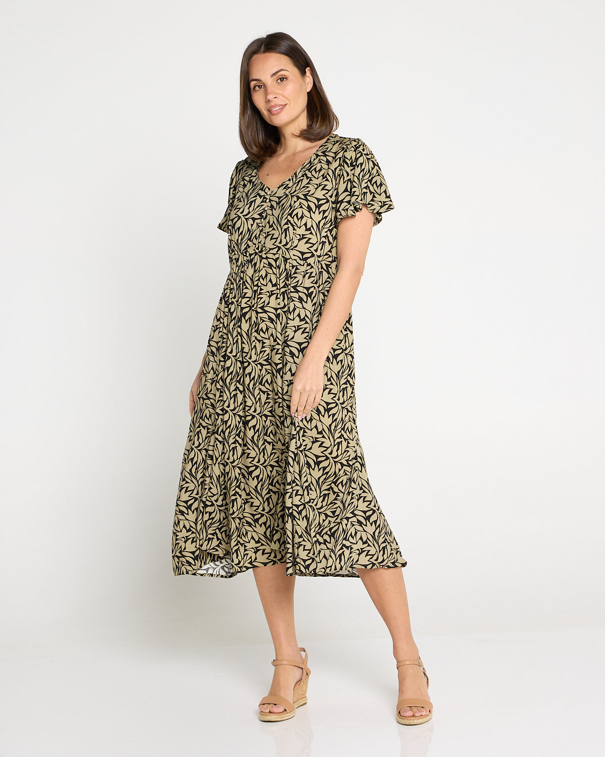 Cornwall Dress - Khaki Botanical | Updated Fit Midi Dress – TULIO Fashion