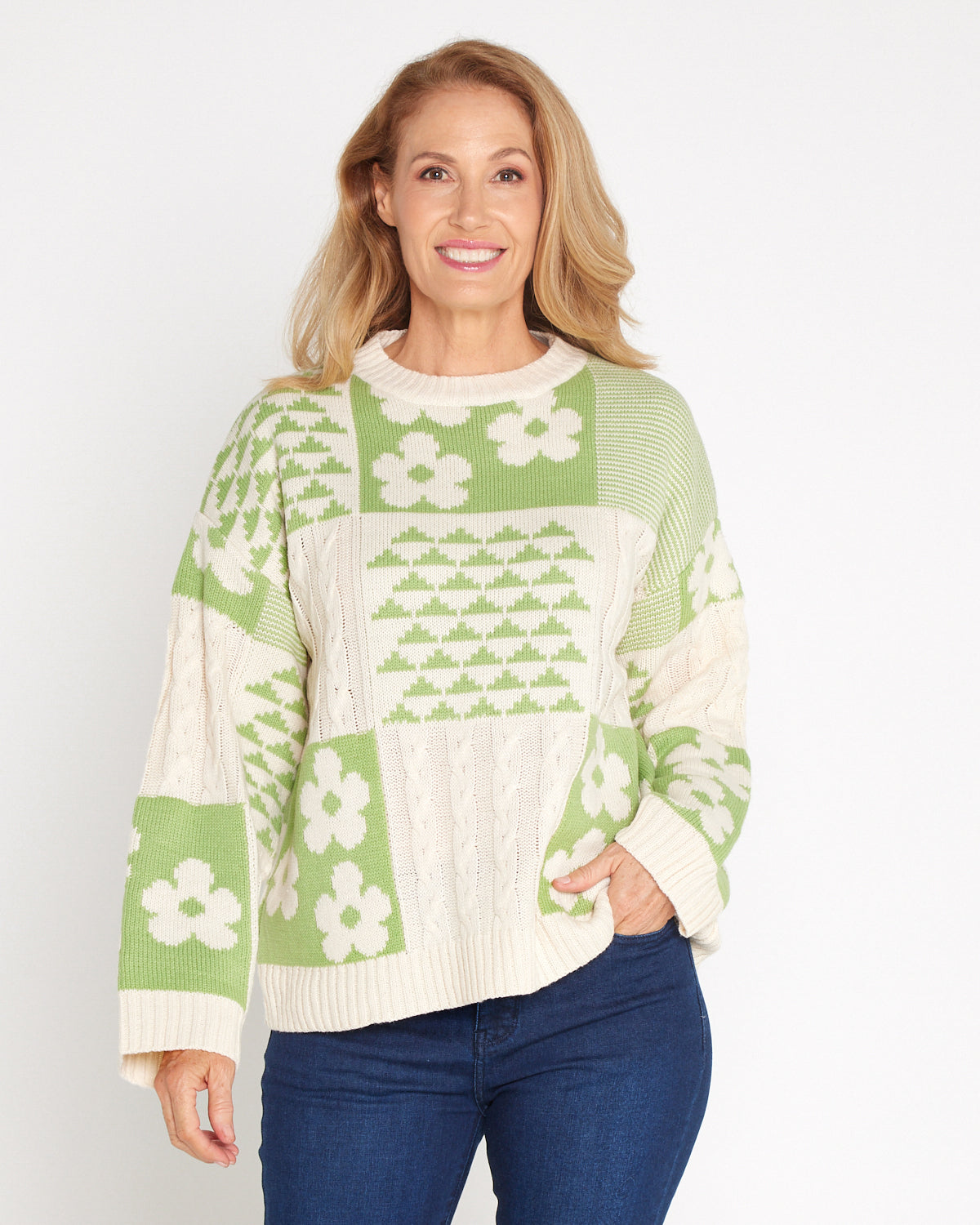 Abby Cable Knit | Cream and Light Green Floral Patch Jumper – TULIO Fashion
