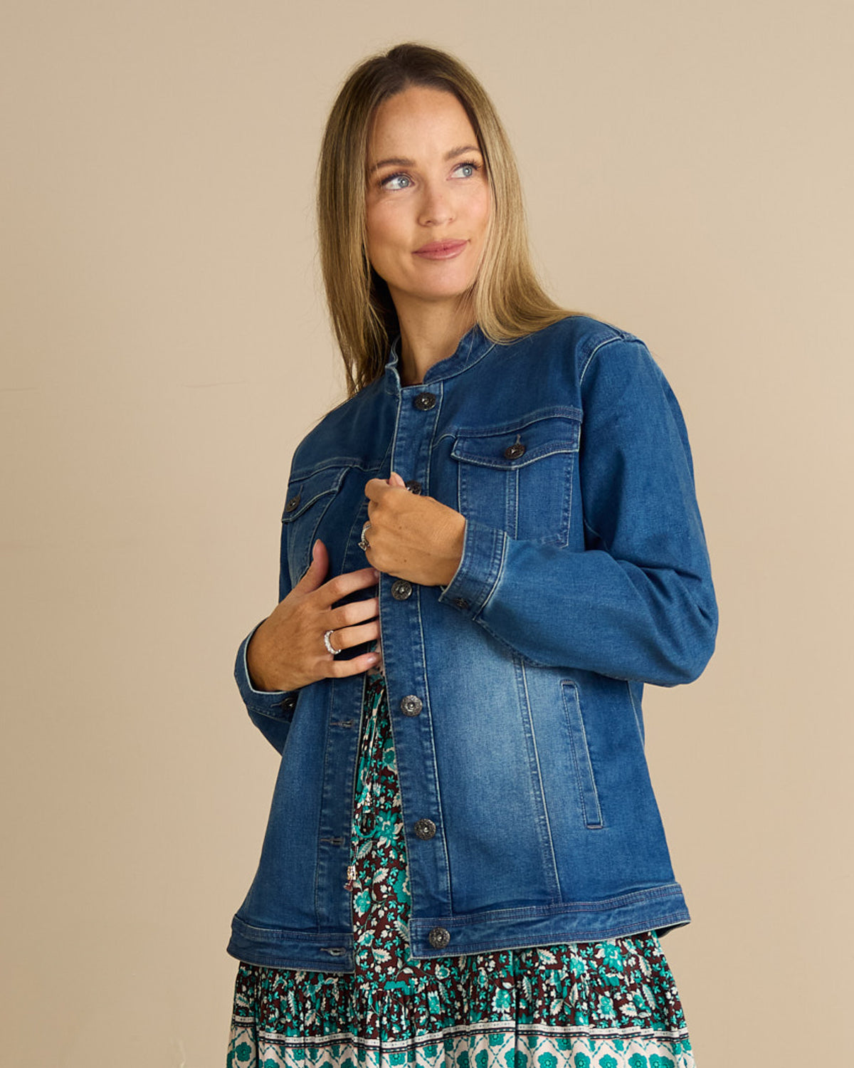 Denim Cafe Latte Mandarin Collar Long Length Jean Jacket w/ Front ...