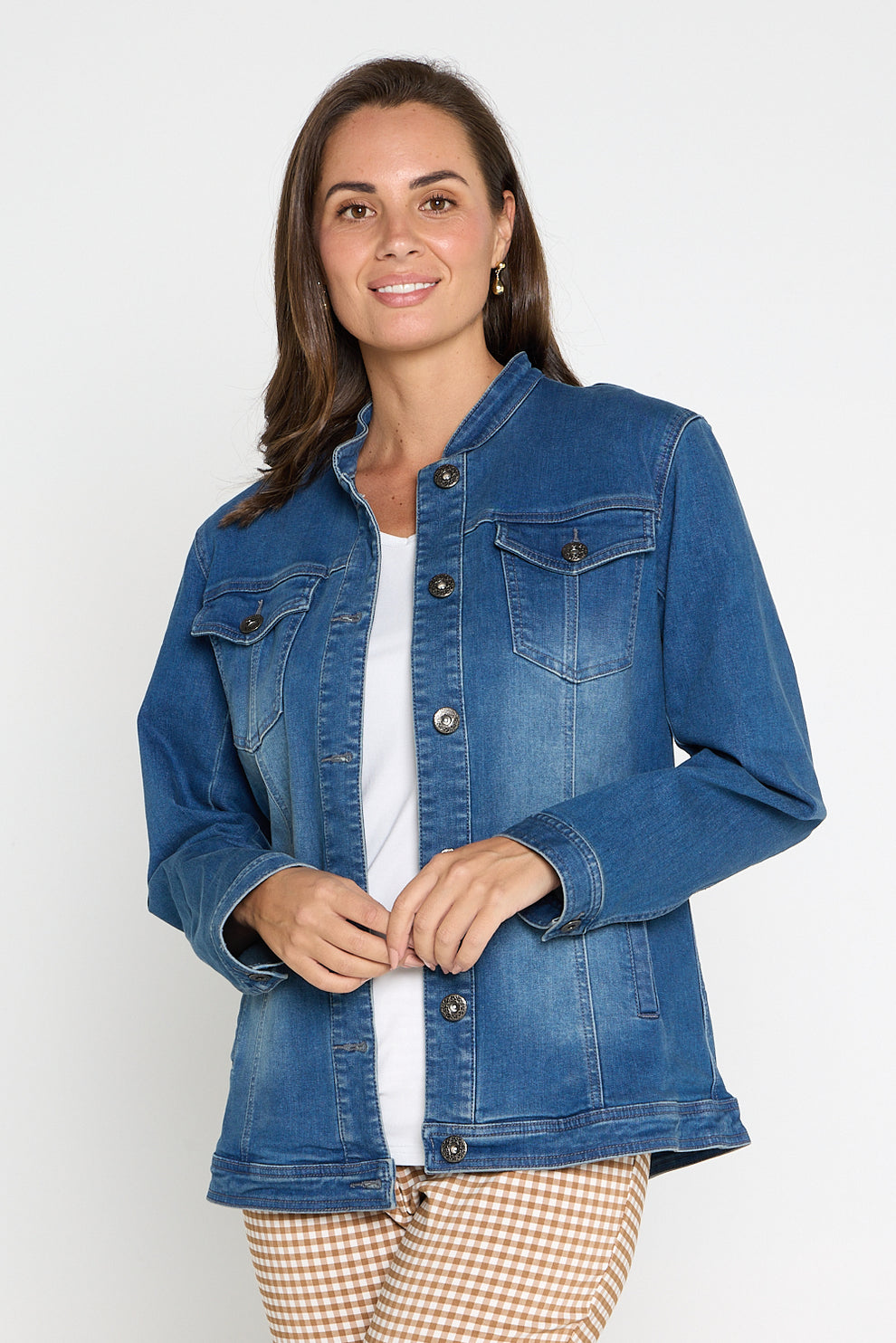 Longline Stretch Denim Jacket for Women Mid Blue – TULIO Fashion