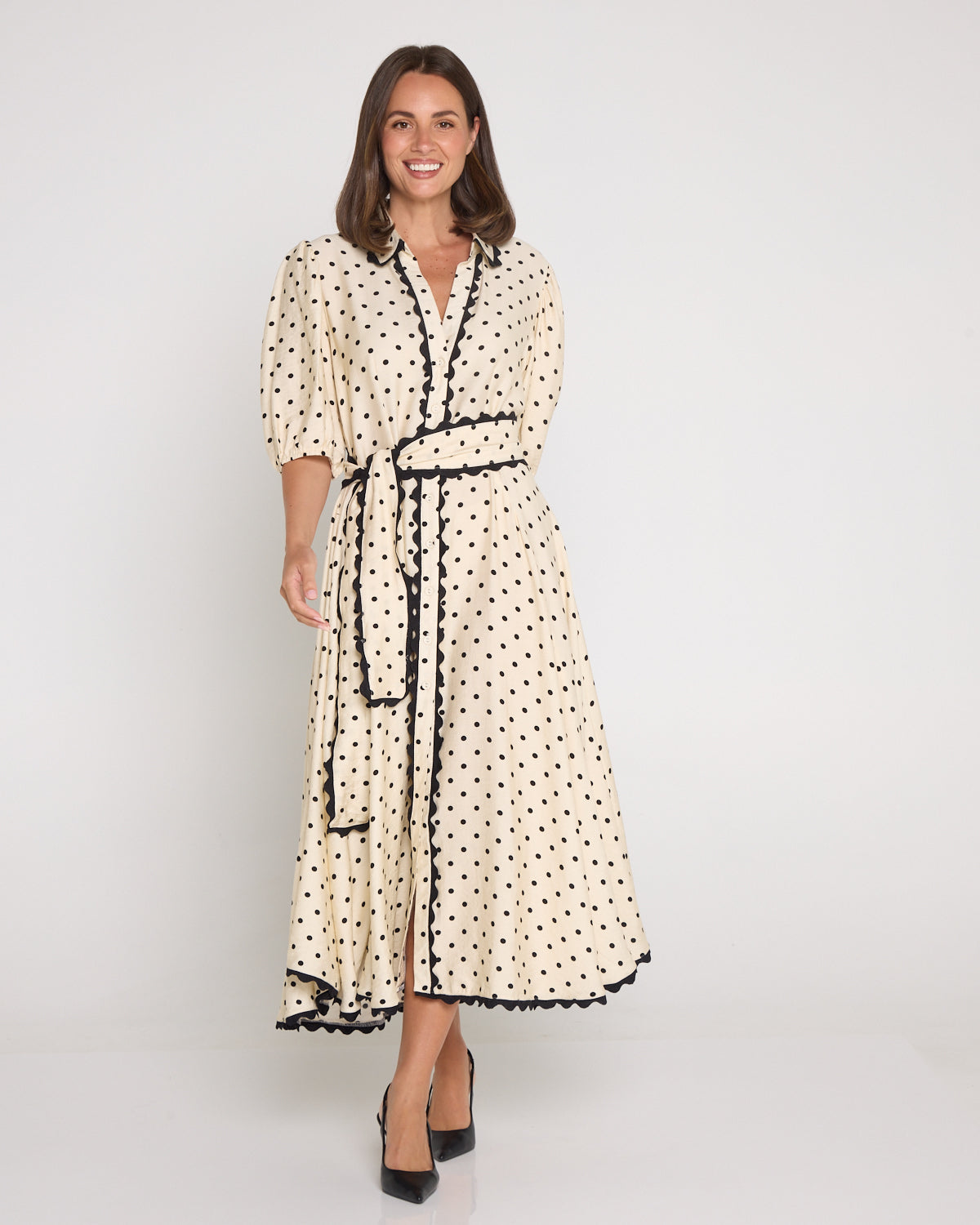 Fria Lowell Ric Rac Shirt Dress - Beige/Black Spot | Cocktail Dresses ...