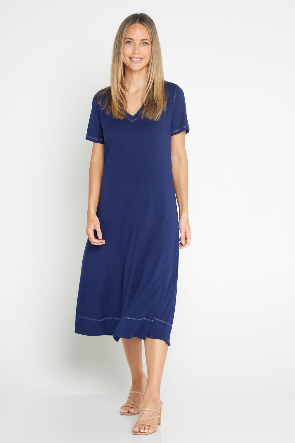 Short Sleeve Contrast Stitch Dress - Navy – TULIO Fashion