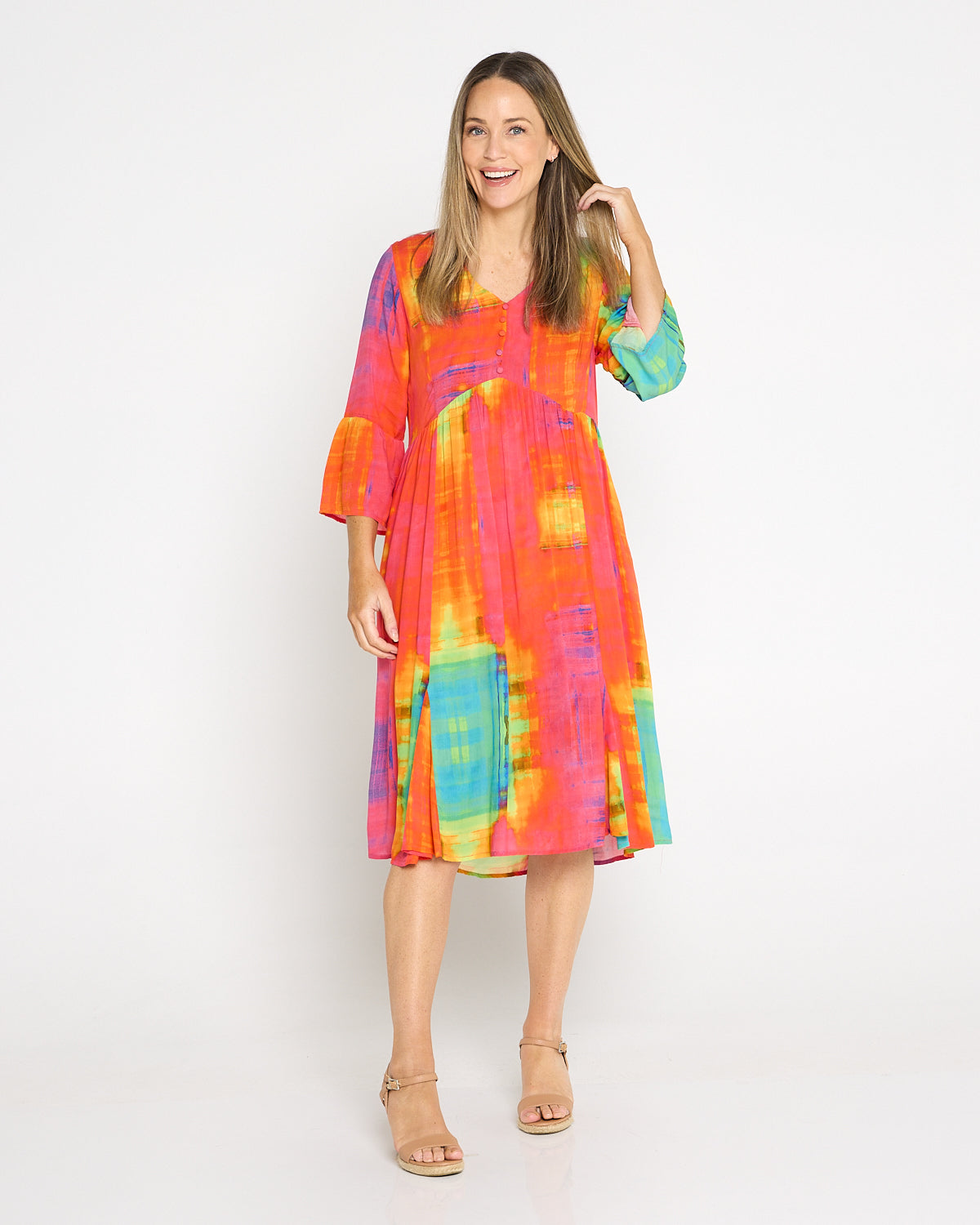 Tina Midi Dress – Sunset Wash Rainbow Print | TULIO – TULIO Fashion