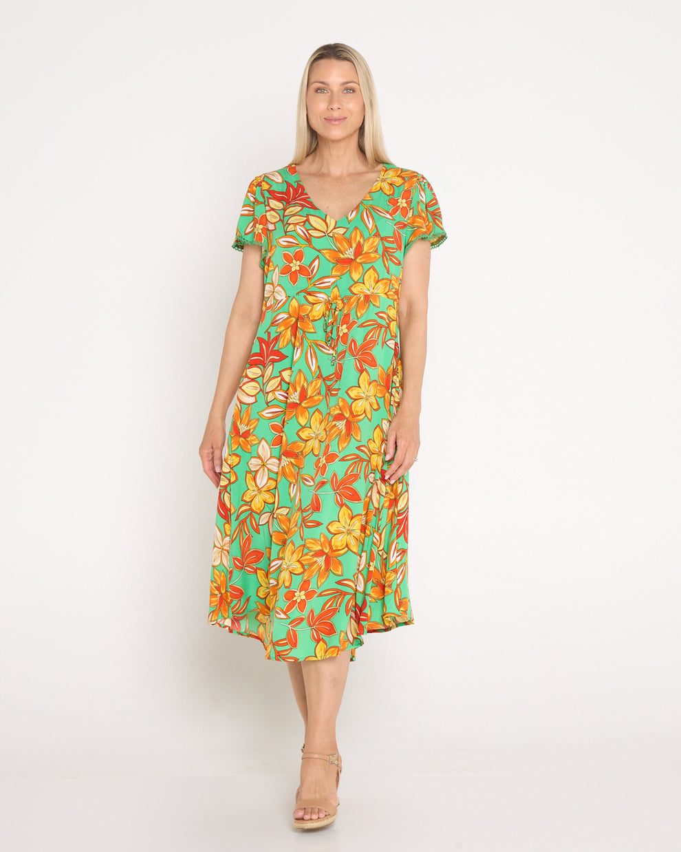 Holiday Fun Dress – Green Floral | Easy Summer Midi Dress – TULIO Fashion