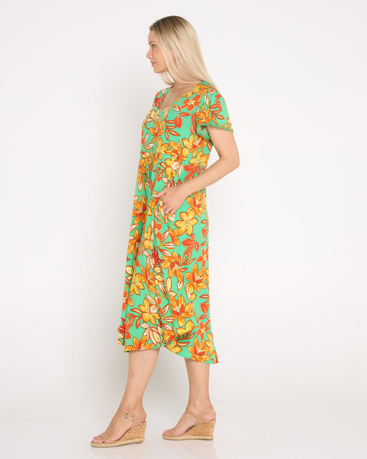 Holiday Fun Dress – Green Floral | Easy Summer Midi Dress – TULIO Fashion