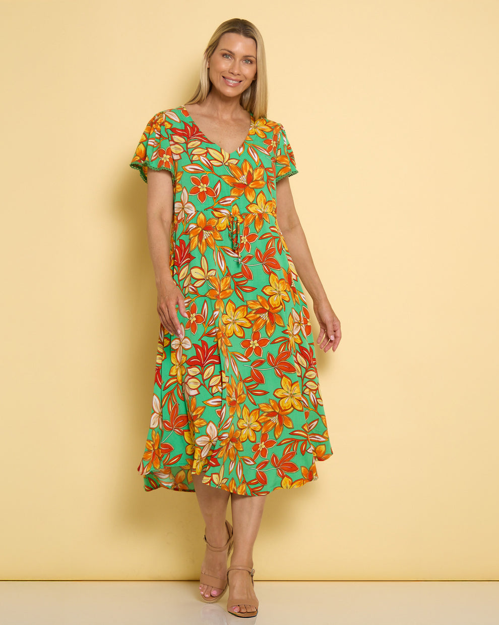 Holiday Fun Dress – Green Floral | Easy Summer Midi Dress – TULIO Fashion