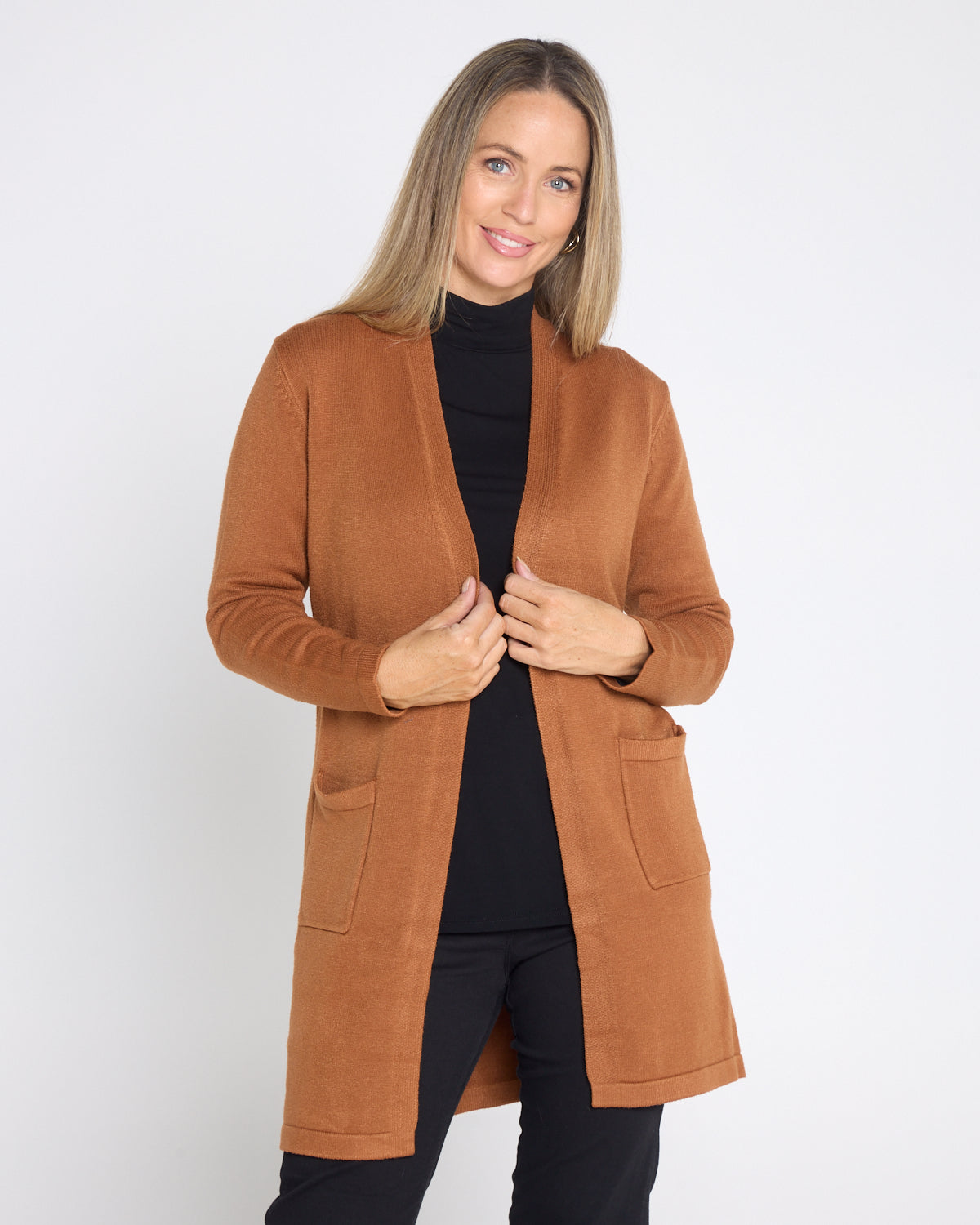 Tan Longline Knit Cardigan – Soft Winter Layering Piece – TULIO Fashion